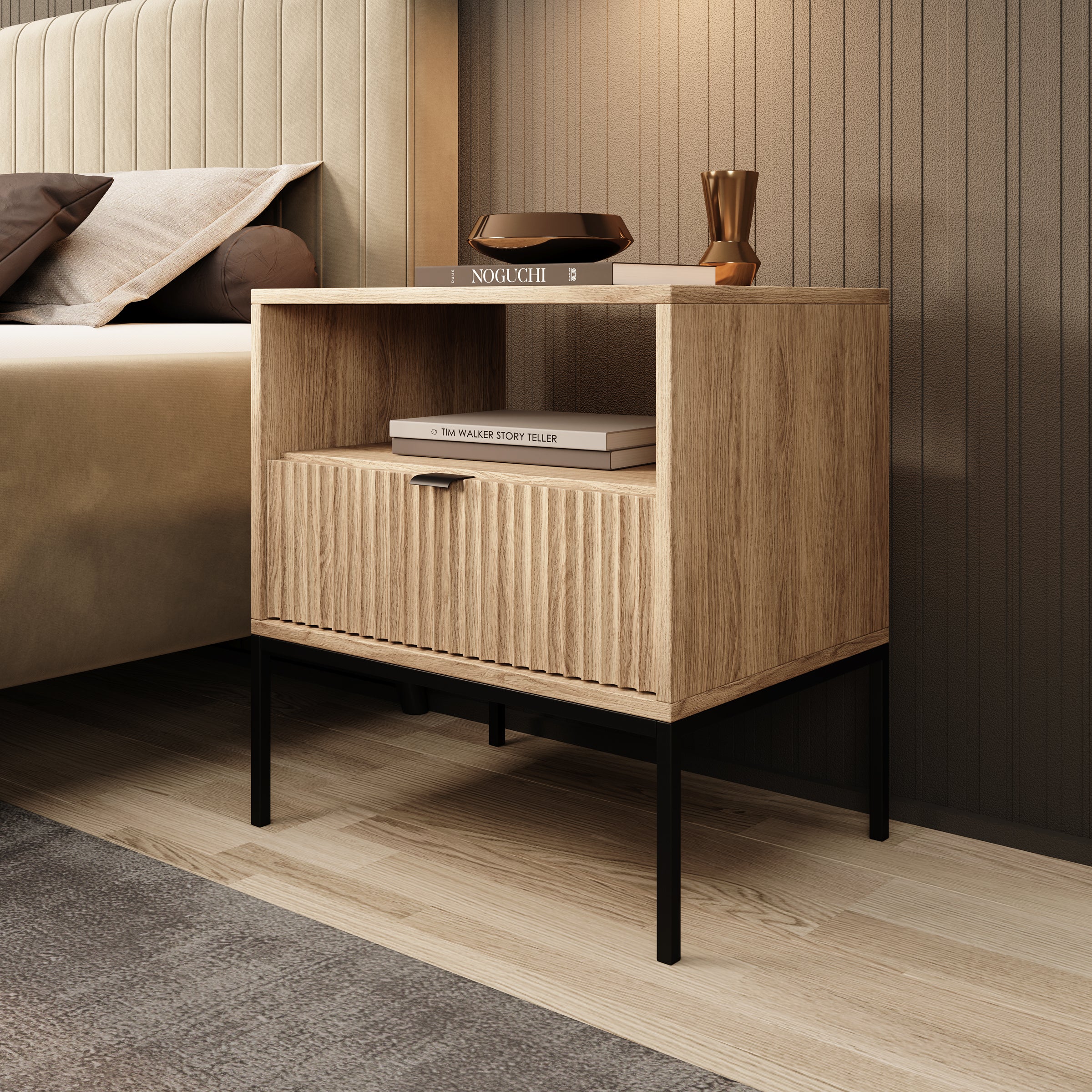 Navil - Nachtkastje - Eikenpatroon - 54x39x56 cm – Meubella